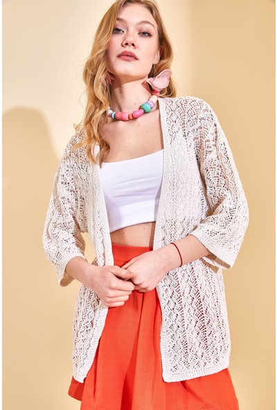 XUDE Krem Delikli Fakir Kol Örgü Hırka 2YSK3-10170-22