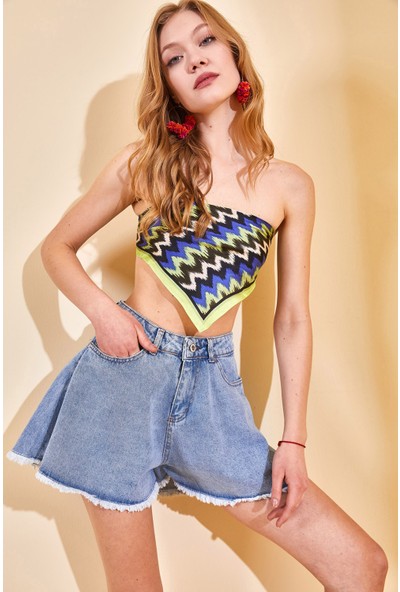 XUDE Yıkamalı Mavi Yüksek Bel Oversize Denim Şort 2YSK5-10135-49