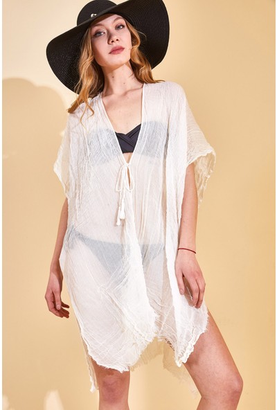 XUDE Beyaz Yanı Yırtmaçlı Bürümcük Kumaş Pareo 2YSK4-10102-01