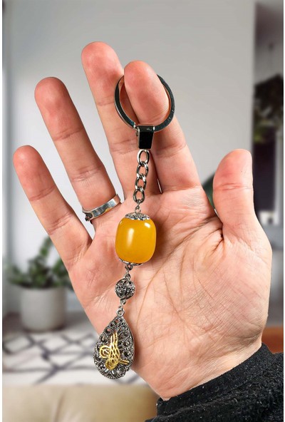 Tesbih Kenti Çift Taraflı Tuğra Tasarımlı Sarı Taşlı Anahtarlık