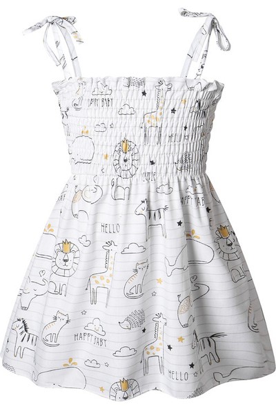 Shuipi Pamuklu Çiçek Desenli Askılı Kız Çocuk Elbisesi - Beyaz (Yurt Dışından)