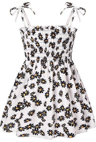 Shuipi Pamuklu Çiçek Desenli Askılı Kız Çocuk Elbisesi - Beyaz (Yurt Dışından)