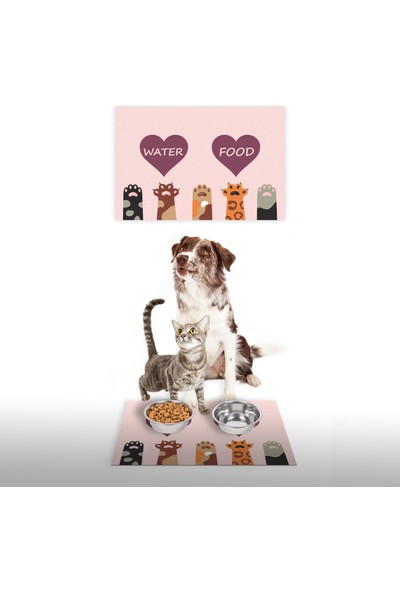 Water Food Kedi Köpek Pembe Patili Kalp Dijital Baskılı 35X50 Dekoratif Çok Amaçlı Mama Altlığı Mama Paspası