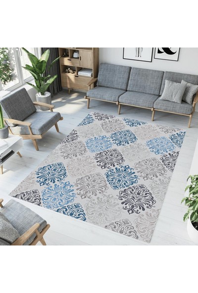 Tekstil Sepeti Kadife Kumaş Lastikli Halı Örtüsü Mavi Gri