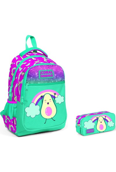 Coral High Kız Çocuk Simli Ilkokul Çantası ve Kalemlik Seti - Avokado