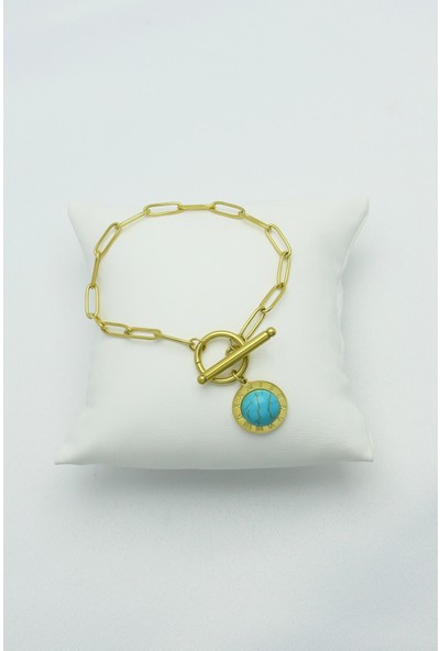 Caisya Butik Altın Kaplama Kararmaz Turkuaz Taşlı Roma Rakamlı Çelik Bileklik (18CM)