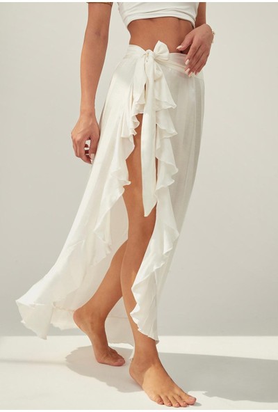 Deep Beach Ekru Volan Detaylı Viskon Plaj Eteği DB2202PL Deep Beach Ekru Volan Detaylı Viskon Plaj Eteği DB2202PL