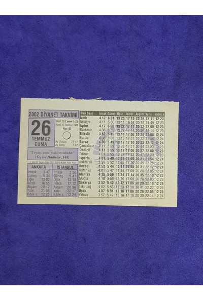 Hasyılmaz 26 Temmuz 2002 Takvim Yaprağı - Nostalji Koleksiyonluk Takvim Yaprağı A