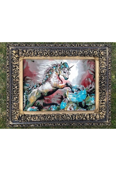 Hasyılmaz Unicorn Temalı Iran Tebriz Halı Tablo 95X75 cm - Duvar Halı Kilim Tablo