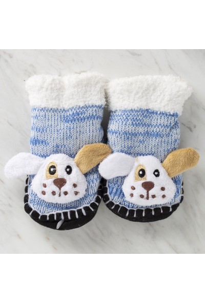 Serfino Bebek Örgü Patiği / Ev Ayakkabısı Mavi Köpek
