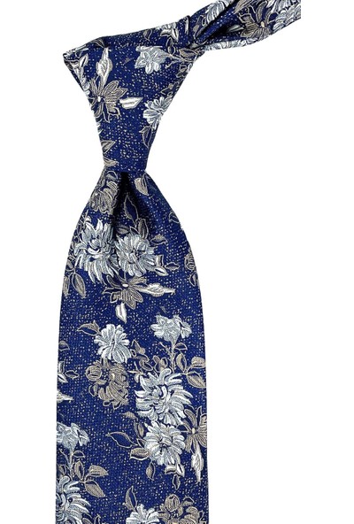 Kravatkolik Lacivert Çiçek Desen Mendilli Klasik Kravat KK10923