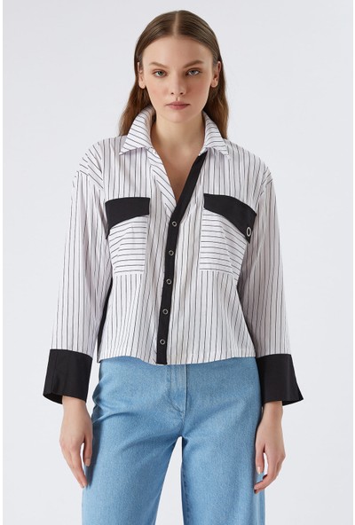 Fever Kadın Çizgili Poplin Gömlek 5667012 Beyaz