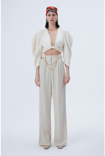 Quzu Zincir Kemerli Bol Paça Pantolon Naturel