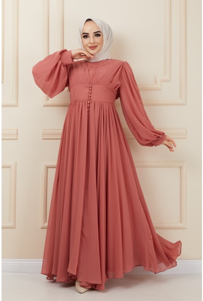 İmaj Butik Drapeli Düğme Detaylı Şifon Elbise/somon İmaj Butik Drapeli Düğme Detaylı Şifon Elbise/somon