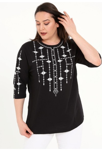 Siyezen Büyük Beden Baskılı Fakir Kol Bluz Siyah