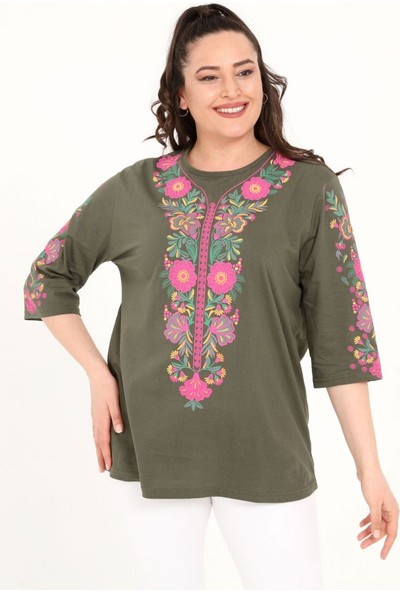 Siyezen Büyük Beden Baskılı Fakir Kol Bluz Haki