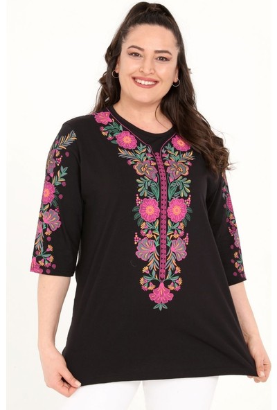 Siyezen Büyük Beden Baskılı Fakir Kol Bluz Siyah