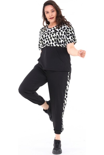 Siyezen Büyük Beden Kanguru Cepli Desenli Eşofman Takımı Siyah