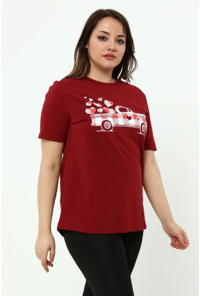 Siyezen Büyük Beden Araba Baskılı T-Shirt Bordo