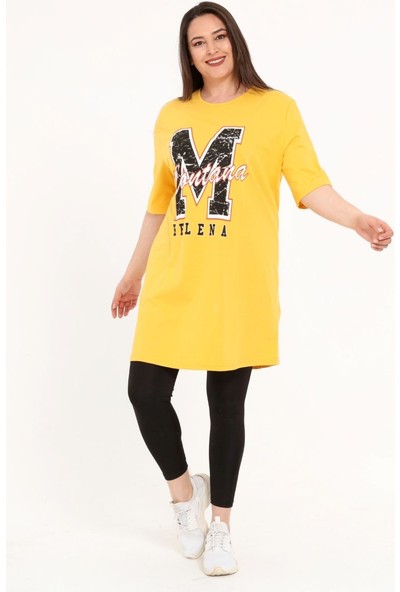 Siyezen Büyük Beden Baskılı Tunik T-Shirt Hardal