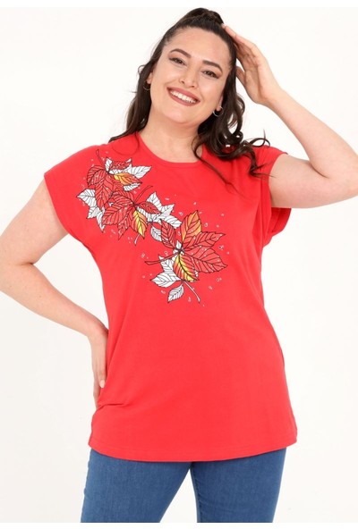 Siyezen Büyük Beden Yaprak Baskılı Yarasa Kol T-Shirt Kırmızı Siyezen Büyük Beden Yaprak Baskılı Yarasa Kol T-Shirt Kırmızı