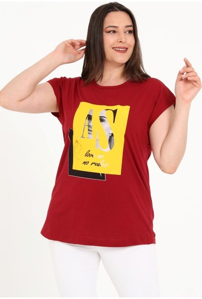 Siyezen Büyük Beden Kız Baskılı Yarasa Kol T-Shirt Bordo Siyezen Büyük Beden Kız Baskılı Yarasa Kol T-Shirt Bordo