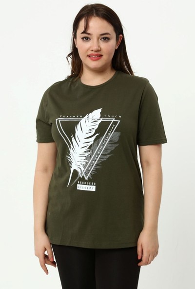 Siyezen Büyük Beden Tüy Baskılı T-Shirt Haki