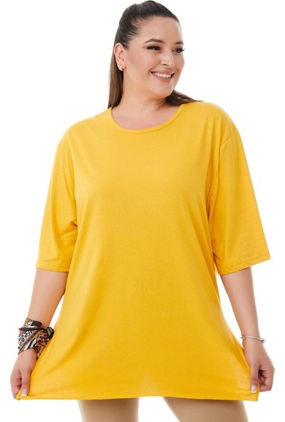 Siyezen Büyük Beden Yırtmaçlı Basic T-Shirt Hardal Siyezen Büyük Beden Yırtmaçlı Basic T-Shirt Hardal