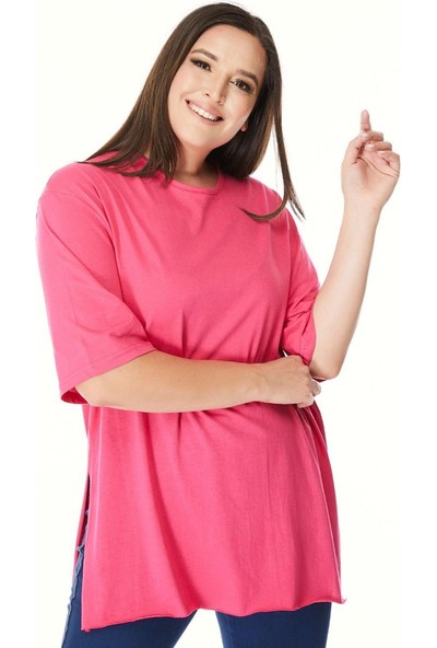 Siyezen Büyük Beden Yırtmaçlı Basic T-Shirt Fuşya
