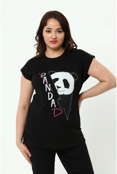 Siyezen Büyük Beden Panda Baskılı Yarasa Kol T-Shirt Siyah Siyezen Büyük Beden Panda Baskılı Yarasa Kol T-Shirt Siyah