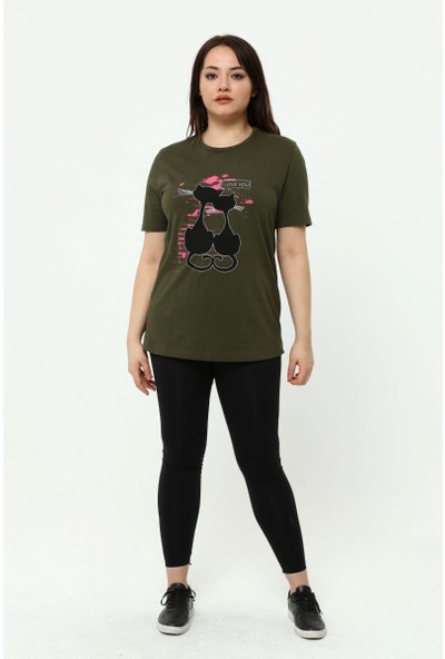 Siyezen Büyük Beden Kedi Baskılı T-Shirt Haki