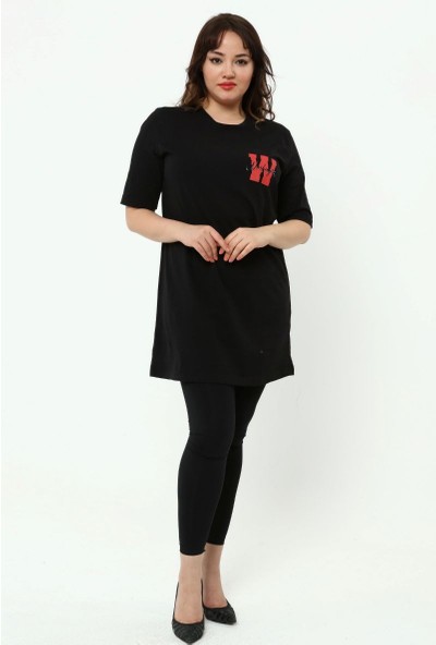 Siyezen Büyük Beden Baskılı Tunik T-Shirt Siyah