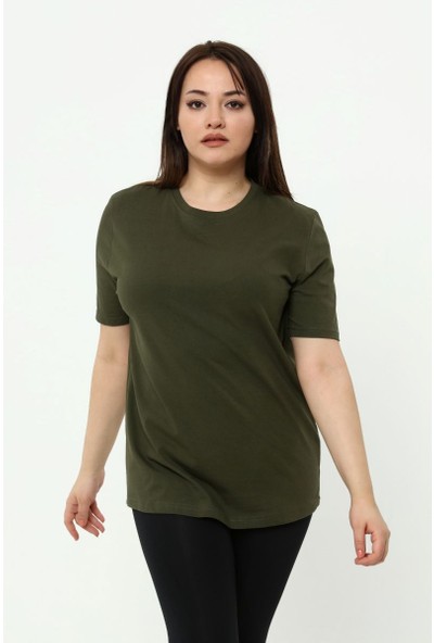 Siyezen Büyük Beden Bisiklet Yaka Basic T-Shirt Haki Siyezen Büyük Beden Bisiklet Yaka Basic T-Shirt Haki