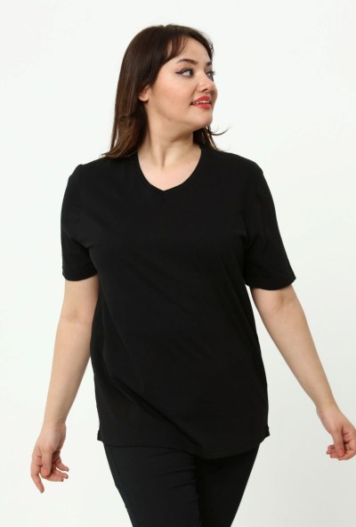 Siyezen Büyük Beden V Yaka Basic T-Shirt Siyah Siyezen Büyük Beden V Yaka Basic T-Shirt Siyah