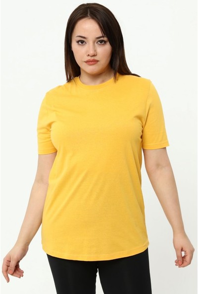 Siyezen Büyük Beden Bisiklet Yaka Basic T-Shirt Hardal