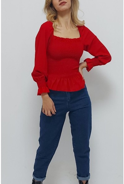 Luwi Shopping Kare Yaka Örme Gipeli Bluz Kırmızı