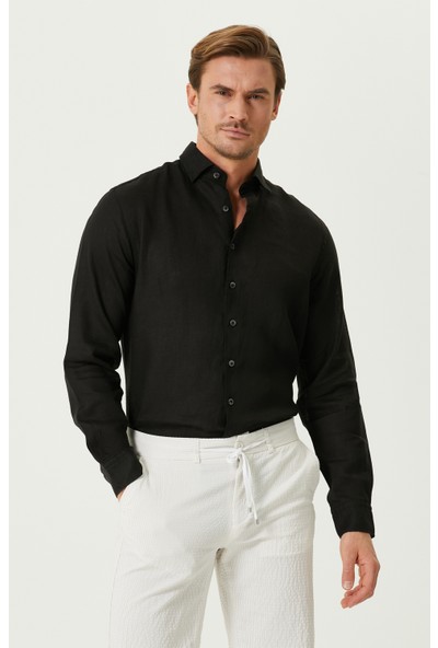 Comfort Fit Siyah Keten Gömlek