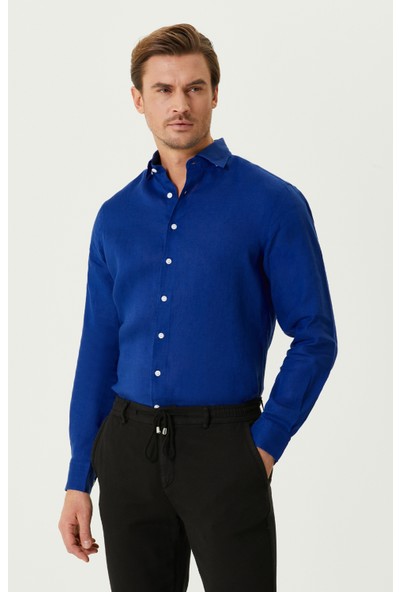 Comfort Fit Saks Keten Gömlek Comfort Fit Saks Keten Gömlek