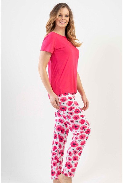 Kadın Viskon Kısa Kol Normal Beden Nar Çiçeği Pijama Kadın Viskon Kısa Kol Normal Beden Nar Çiçeği Pijama