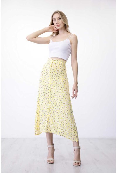 Modaline Düğmeli Paptaya Desenli Etek Modaline Düğmeli Paptaya Desenli Etek
