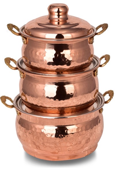 Hanedan Bakır Mini Güveç Tencere 3'Lü Takım El Dövme Kırmızı