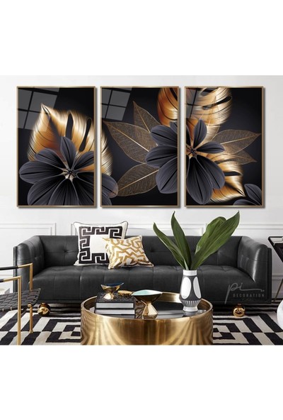 Pi Dekorasyon Gold Çiçekler Triple Cam Tablo Pi Dekorasyon Gold Çiçekler Triple Cam Tablo