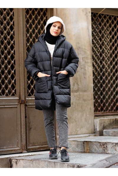 Önden Cepli Şişme Mont Siyah