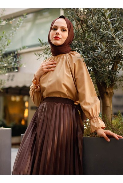 Kolu Büzgülü Gömlek Kahve