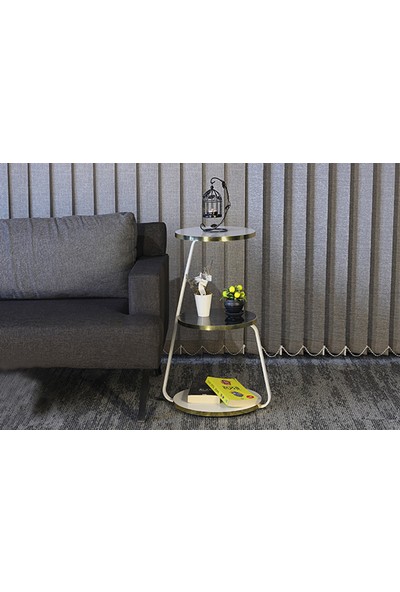 Lulu Home Üç Katlı Gold Siyah Beyaz Premium Yan Sehpa