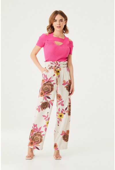 FullaModa Beli Kuşaklı Çiçek Desenli Palozzo Pantolon