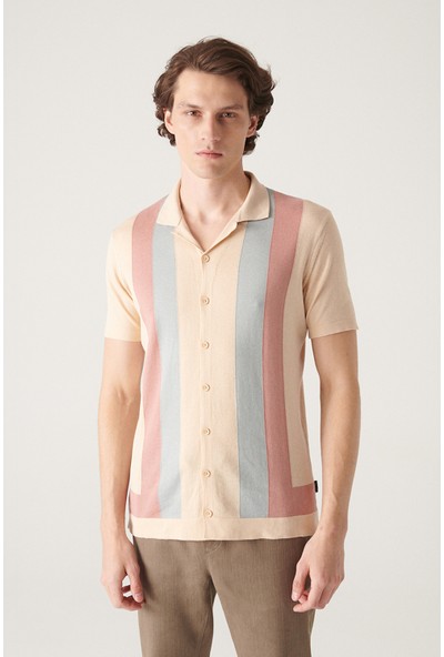 Avva Erkek Bej Mono Yaka Çizgili Kısa Kol Kazak A21Y5032