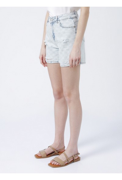Fabrika Viyan Normal Bel Basic Düz Indigo Kadın Şort