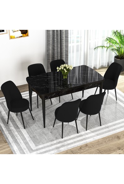 Rovena Bade Serisi 70 x 114 cm Siyah Mermer Desenli Açılabilir Mutfak Masası Takımı + 6 Siyah Sandalye