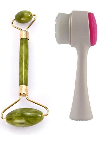 2 Li Set Yeşim Taşı Çift Taraflı Masaj Aleti Jade Roller & Yüz Temizleme Fırçası 2 Li Set Yeşim Taşı Çift Taraflı Masaj Aleti Jade Roller & Yüz Temizleme Fırçası